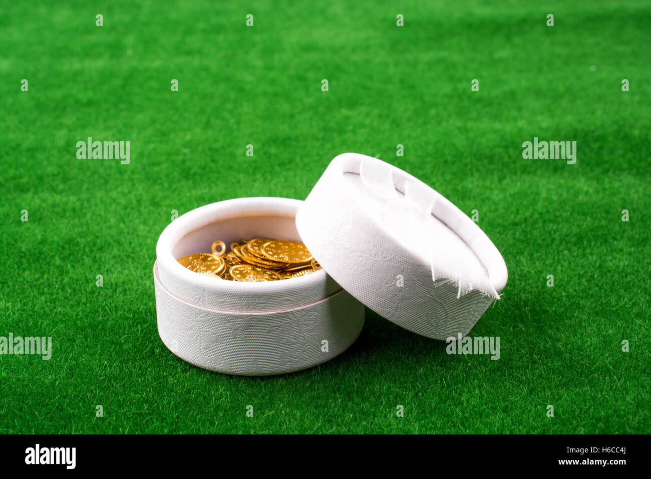 Fake gold coins in white box on green grass Stock Photo - Alamy