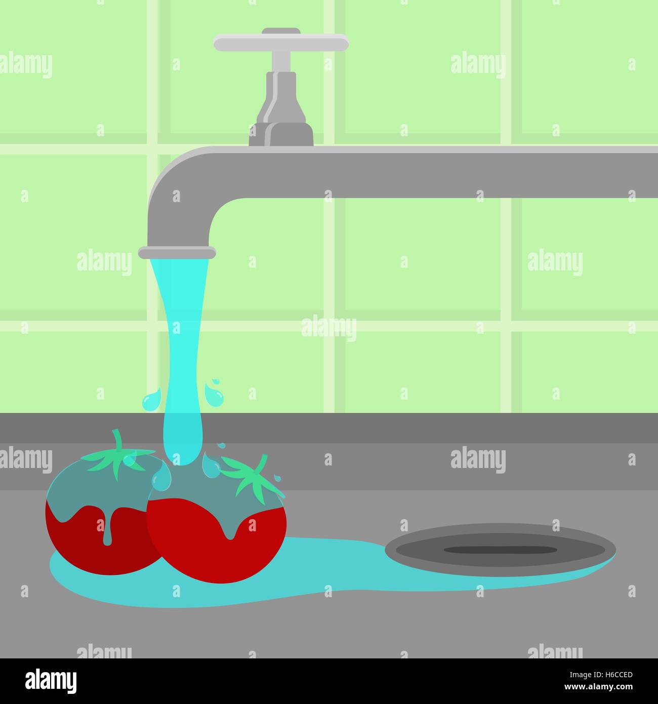 Two tomatoes being cleaned and washed in a sink in a kitchen. Running ...