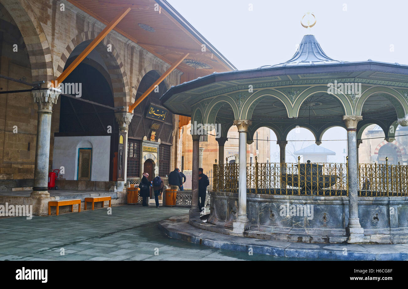 The ablution fountain in front of entrance to the Mevlana Mausoleum ...