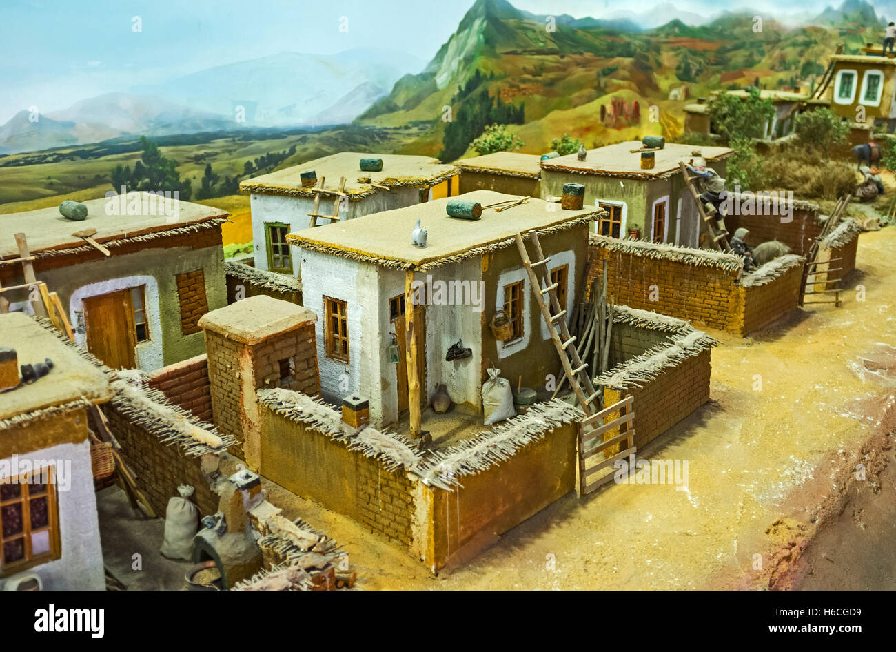 The diorama of the rural life shows the village street with typical ...