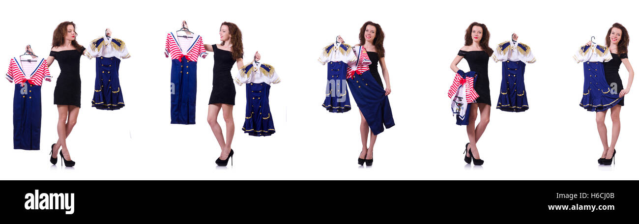 Woman with difficult choice of choosing clothing Stock Photo - Alamy