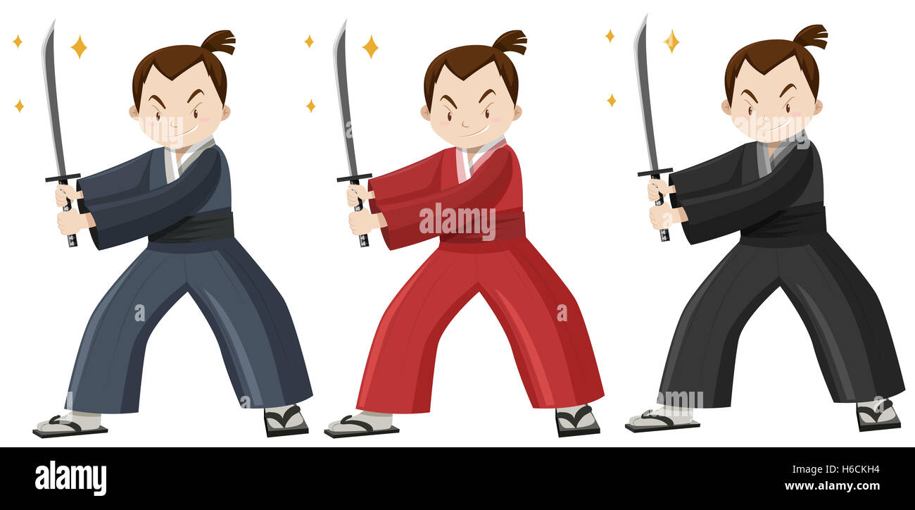 Samurai in three colors costume illustration Stock Photo - Alamy