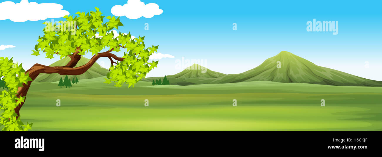 Nature scene with green field illustration Stock Photo - Alamy