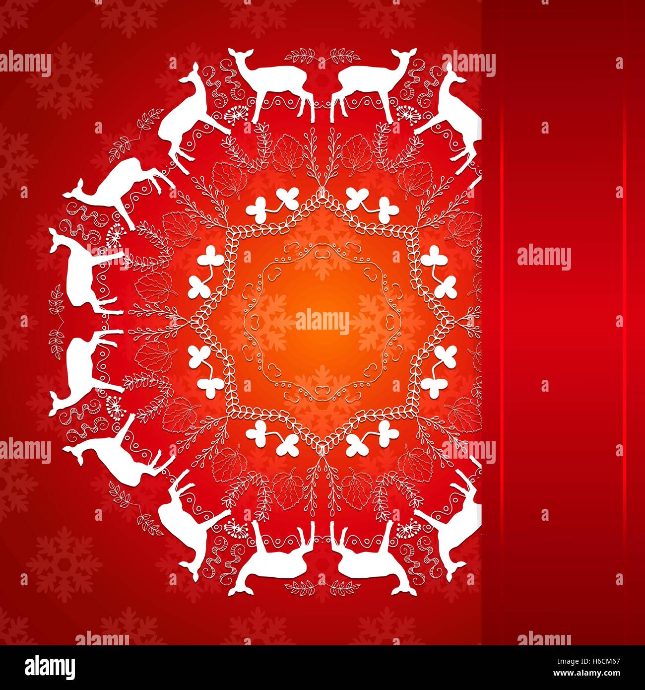 Abstract snowflake with floral pattern and silhouette of deer on a red ...
