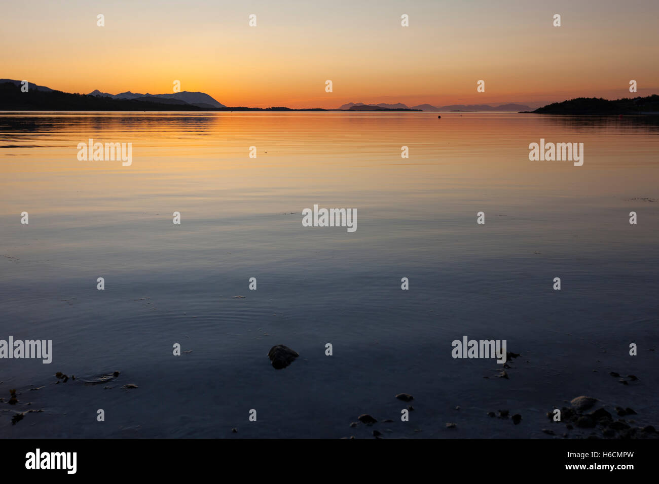 Midnight sun, Tjeldsund Fjord camping ground, Lofoten Islands, Norway ...