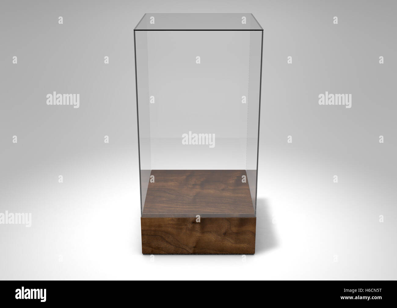 A 3D rendering of an empty glass display case with a wooden base on an ...