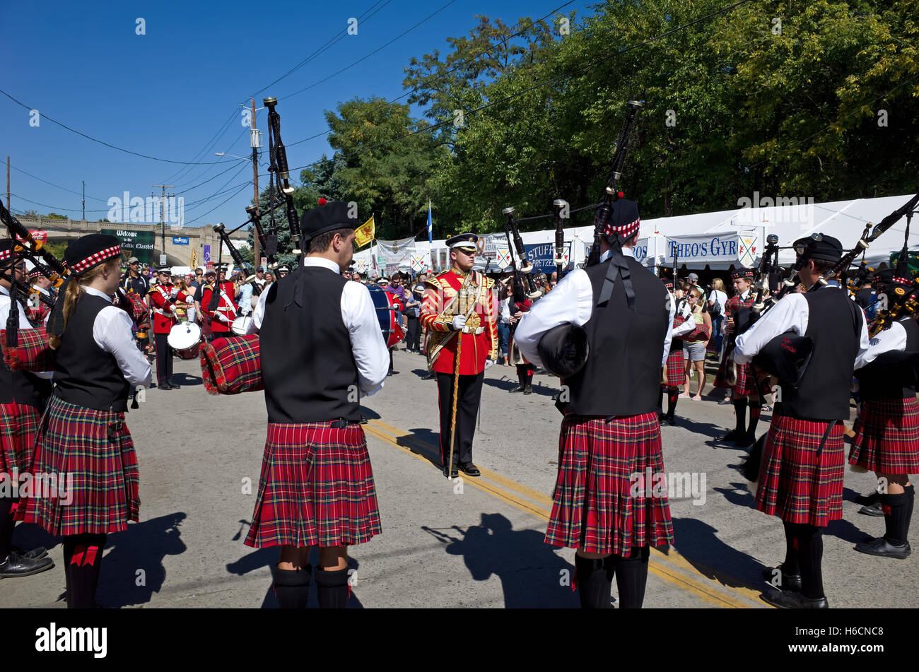 Pipe band marching in the Celtic Classic Stock Photo - Alamy