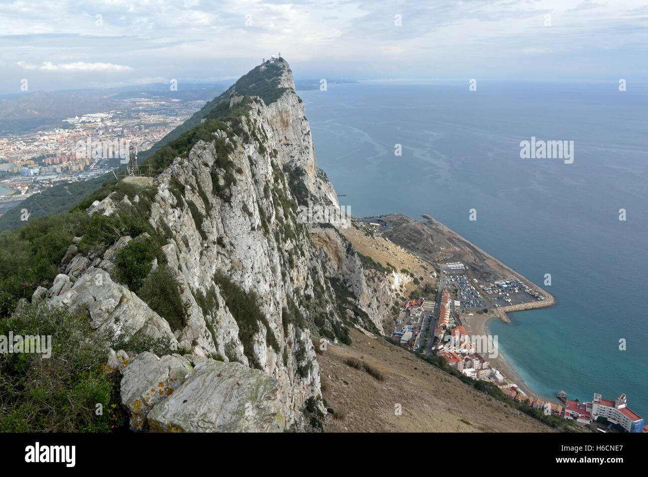 View from the top cable car station on the Rock of Gibraltar towards ...