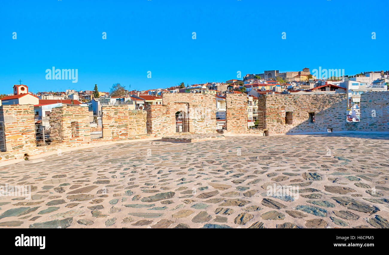 High city walls with the towers located in Ano Poli (upper town) and ...