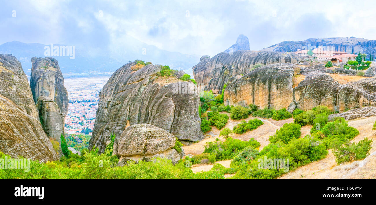 The famous greek mountains Meteora with Holy Trinity monastery. The ...