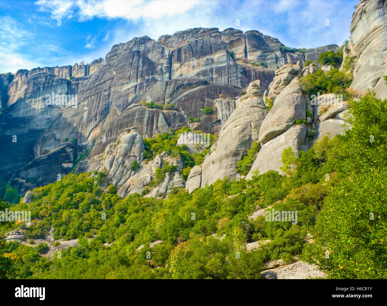 The cliffs of Meteora mountains, covered with green trees and bushes ...