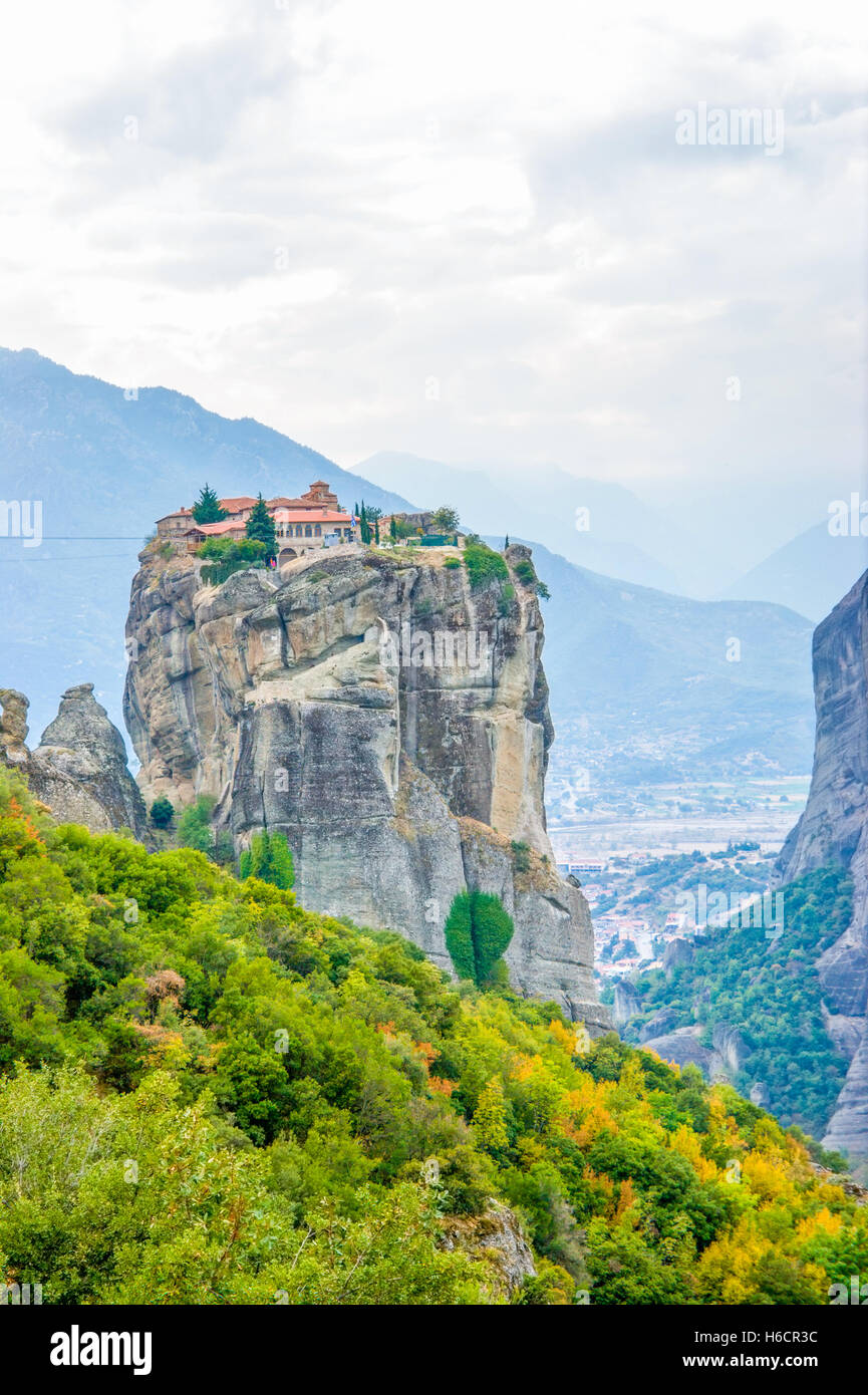 The unusual greek landscape with monastery of Holy Trinity on the top ...