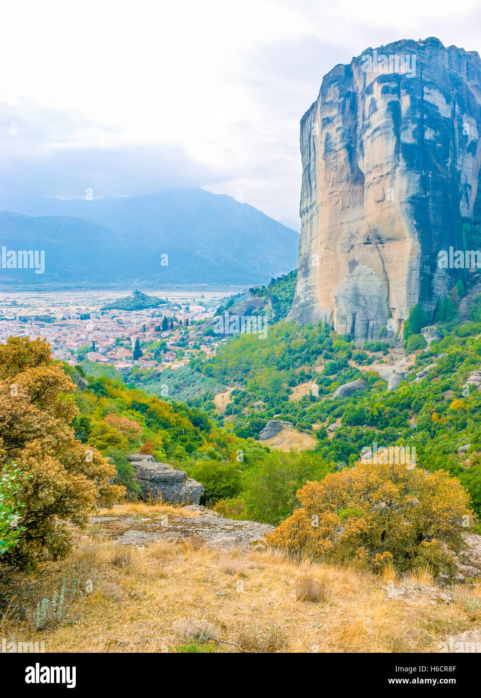 The view on Meteora cliff with Kalambaka town on background, Greece ...