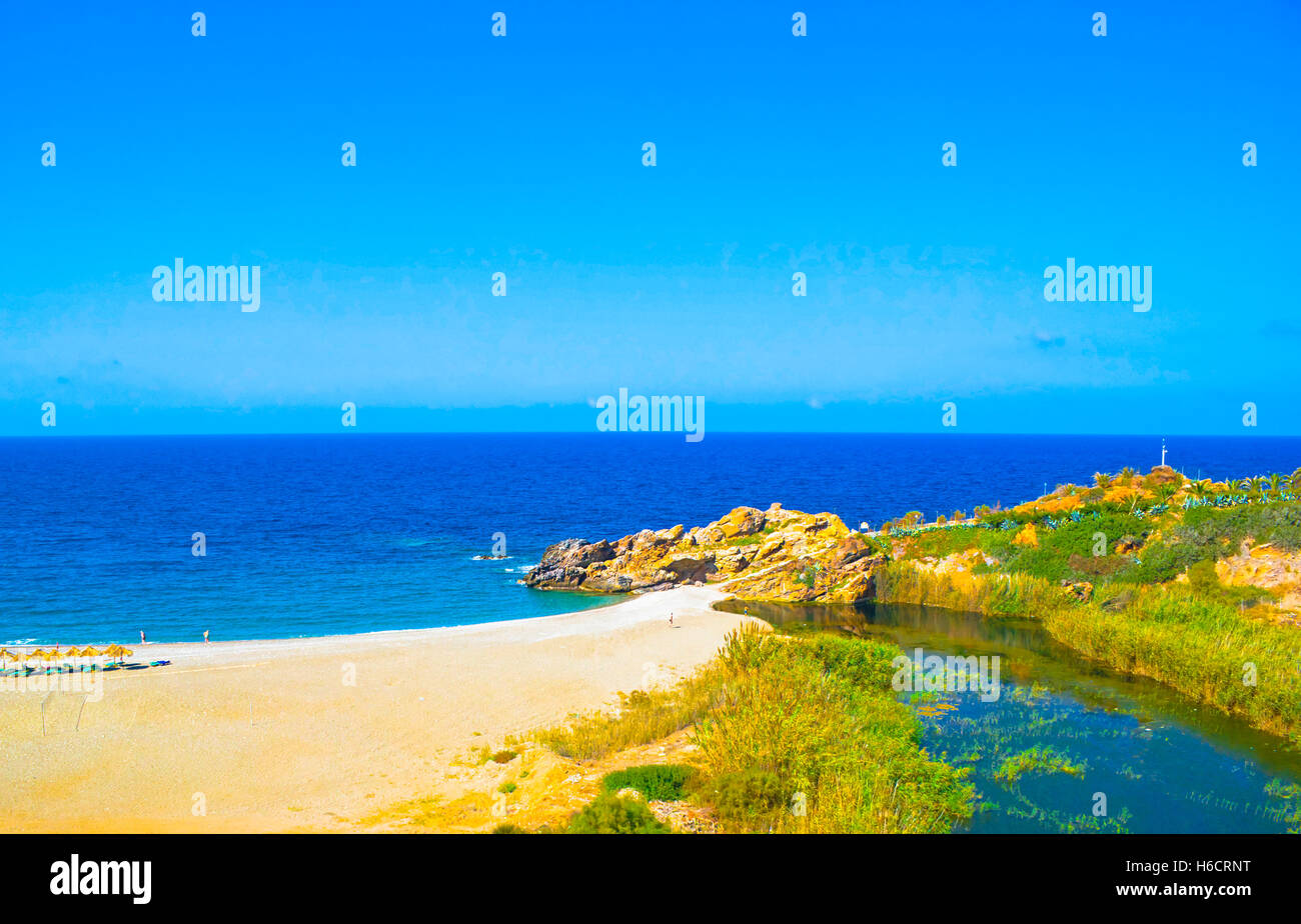 The unique sand beach located between narrow winding river and deep ...