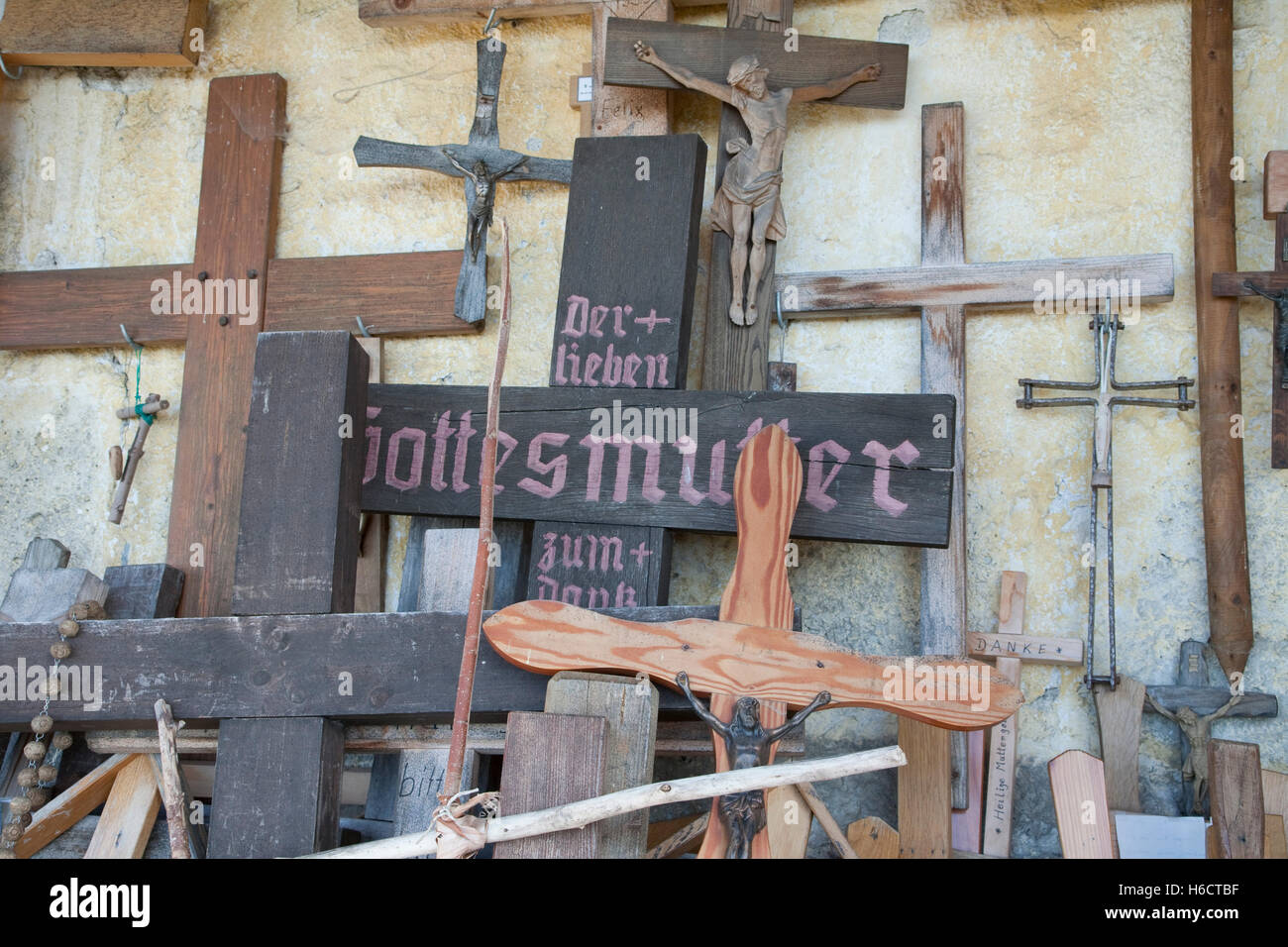 Votive offerings at the Wallfahrtskirche Mary Eck sanctuary, crosses ...