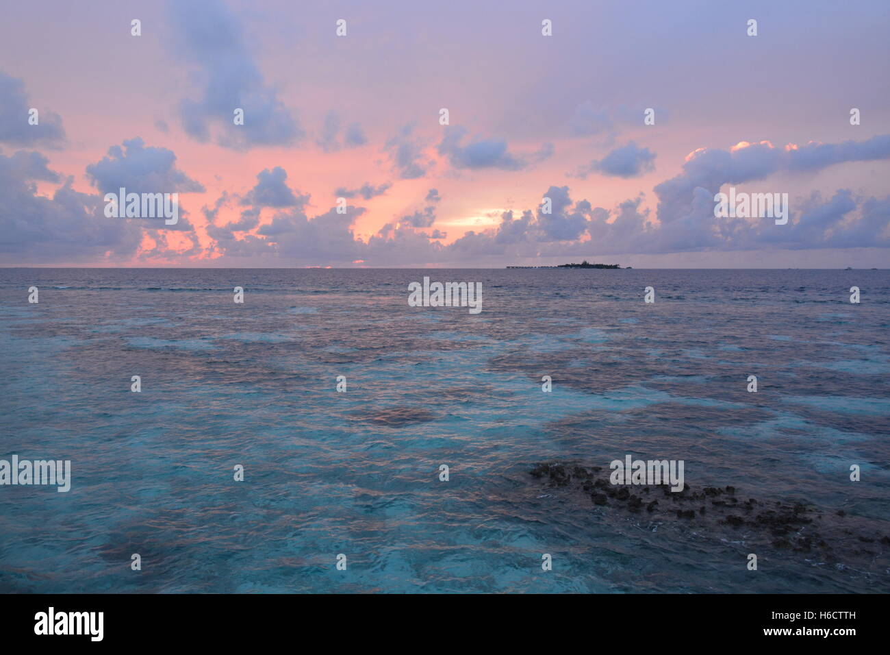 Maldives sun set water coral reef Stock Photo - Alamy