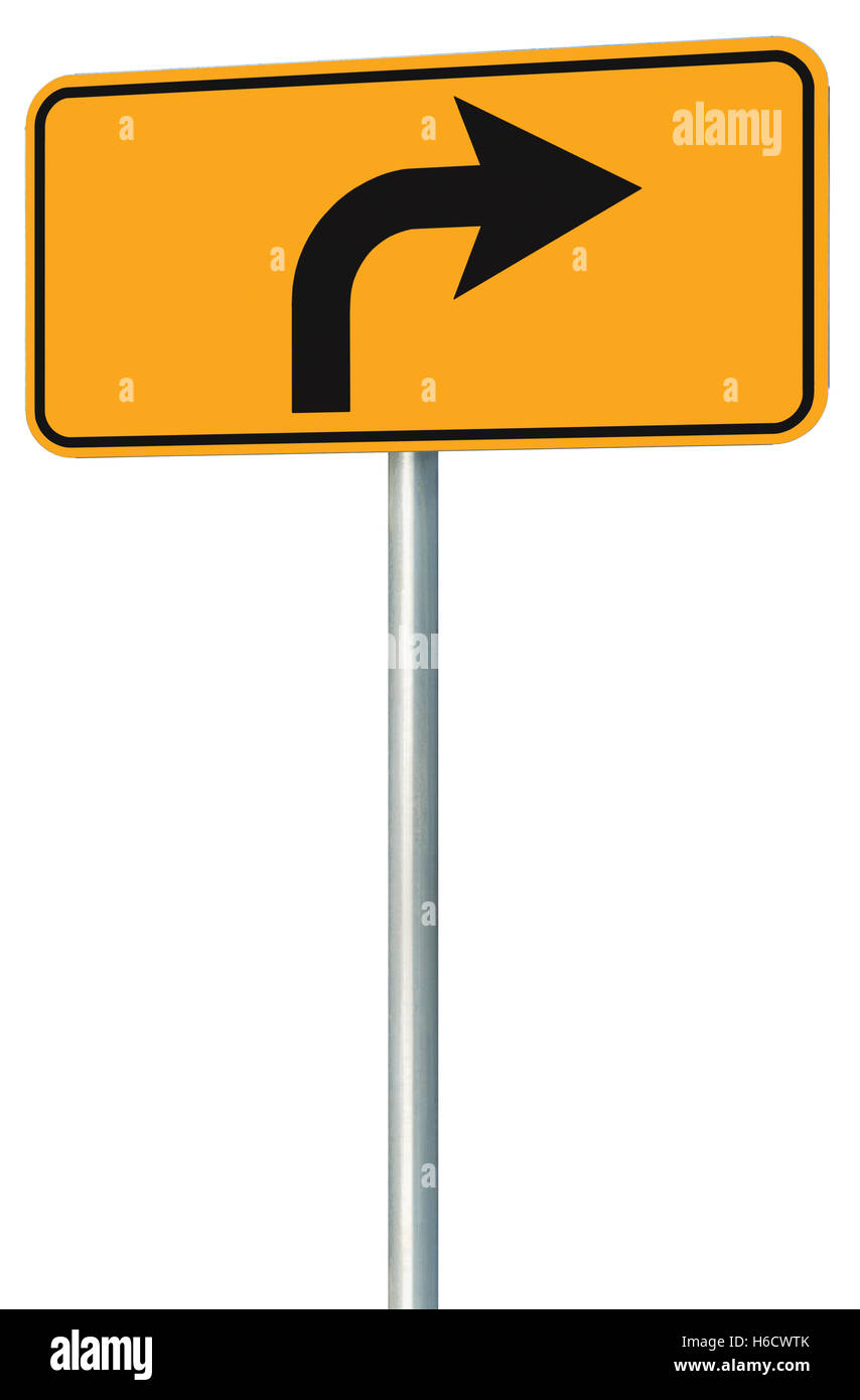 Right turn ahead route road sign perspective, yellow isolated roadside ...
