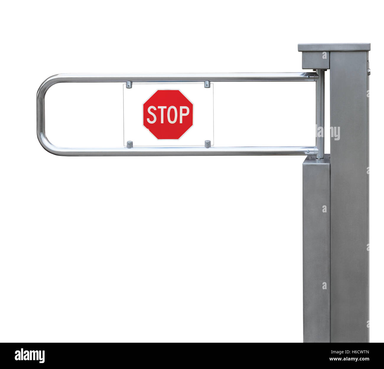 Entrance tourniquet, detailed turnstile, stainless steel, red stop sign ...