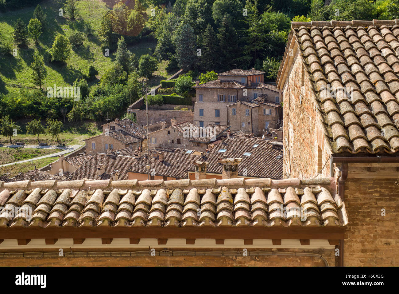Old buildings and their roofs in Urbino, Marche, Italy. Summer sunny ...