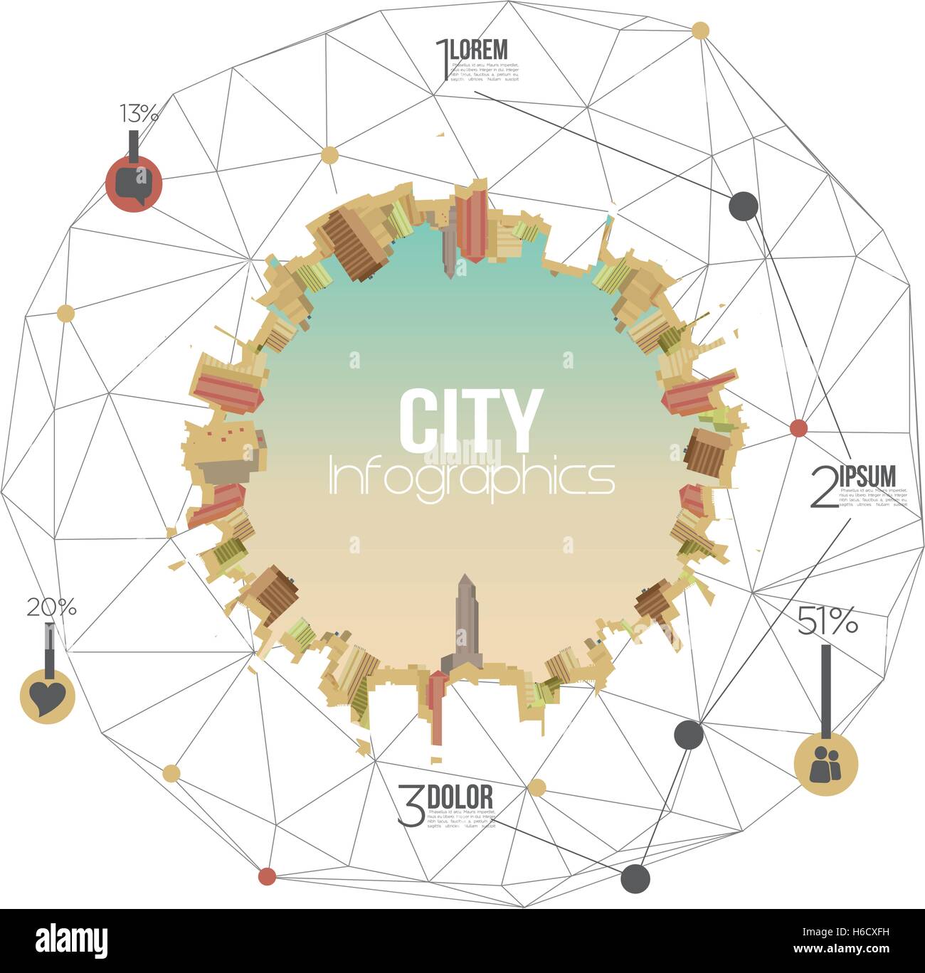 Retro City Skyline with Set of Infographics and Information Graphics ...