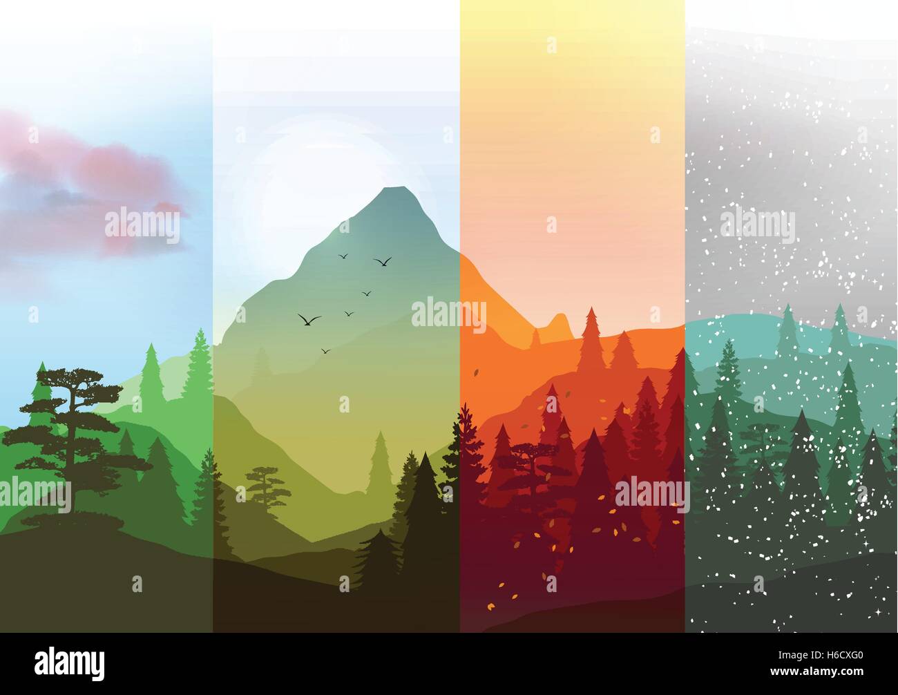 Four Seasons Banners with Abstract Forest and Mountains - Vector ...