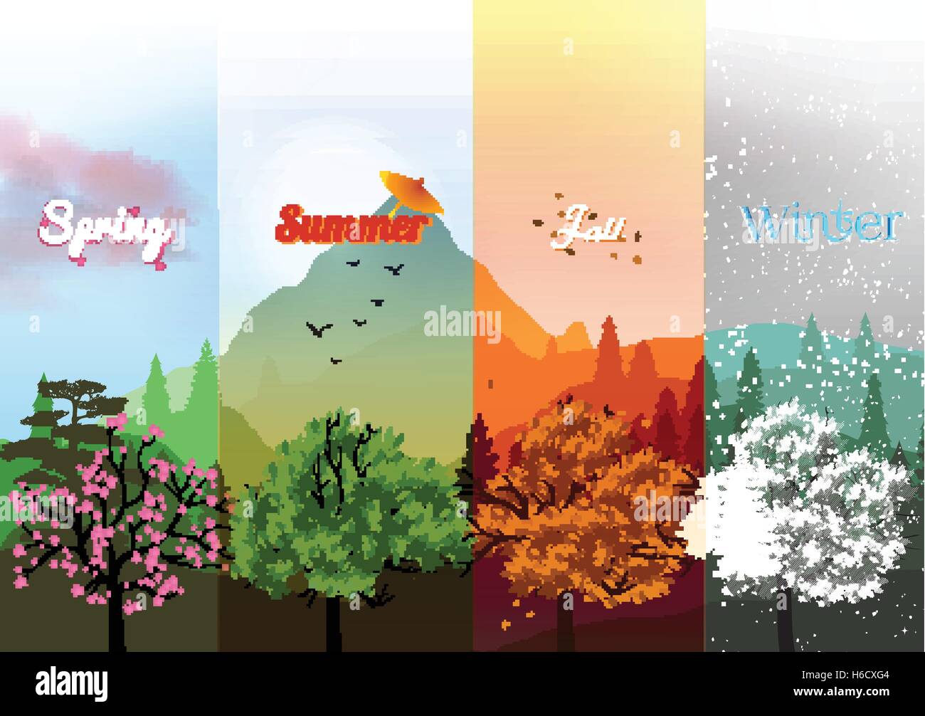 Four Seasons Banners with Abstract Forest and Mountains - Vector ...