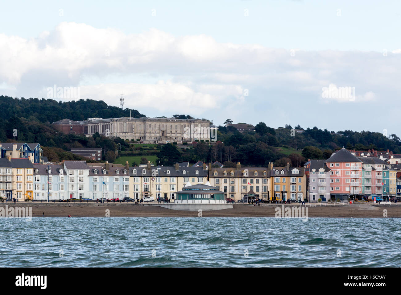 Aberystwyth seafront with the National library of Wales in the ...