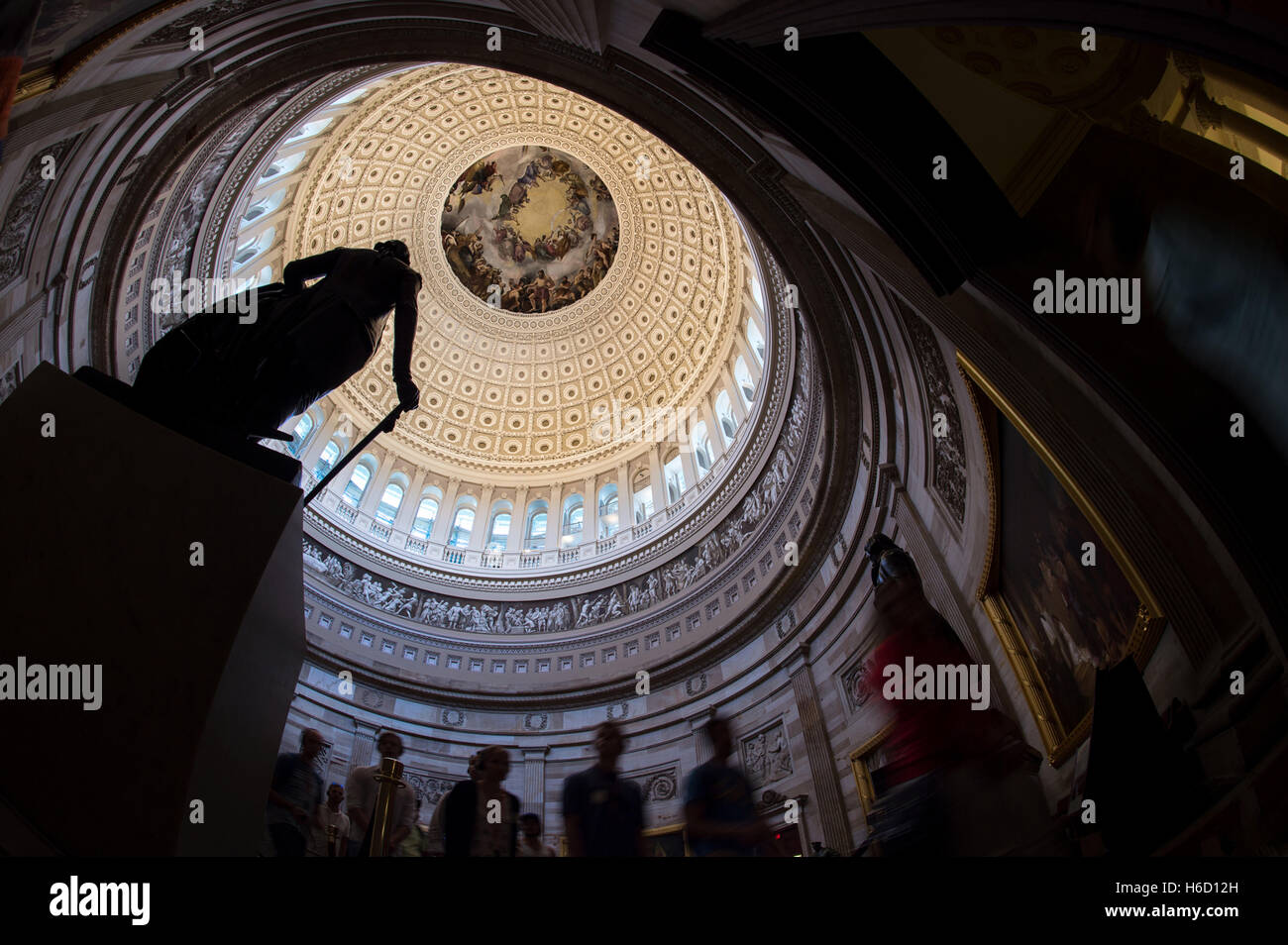 View looking up from the statue of George Washington in the Rotunda of ...