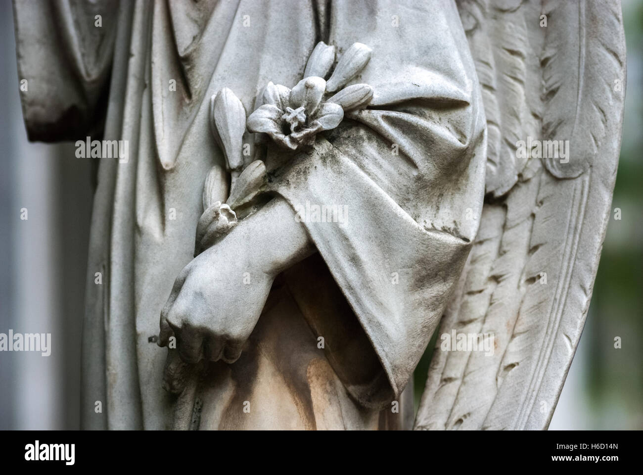 Details of an angel's hand with flowers, part of a weeping angel figure ...