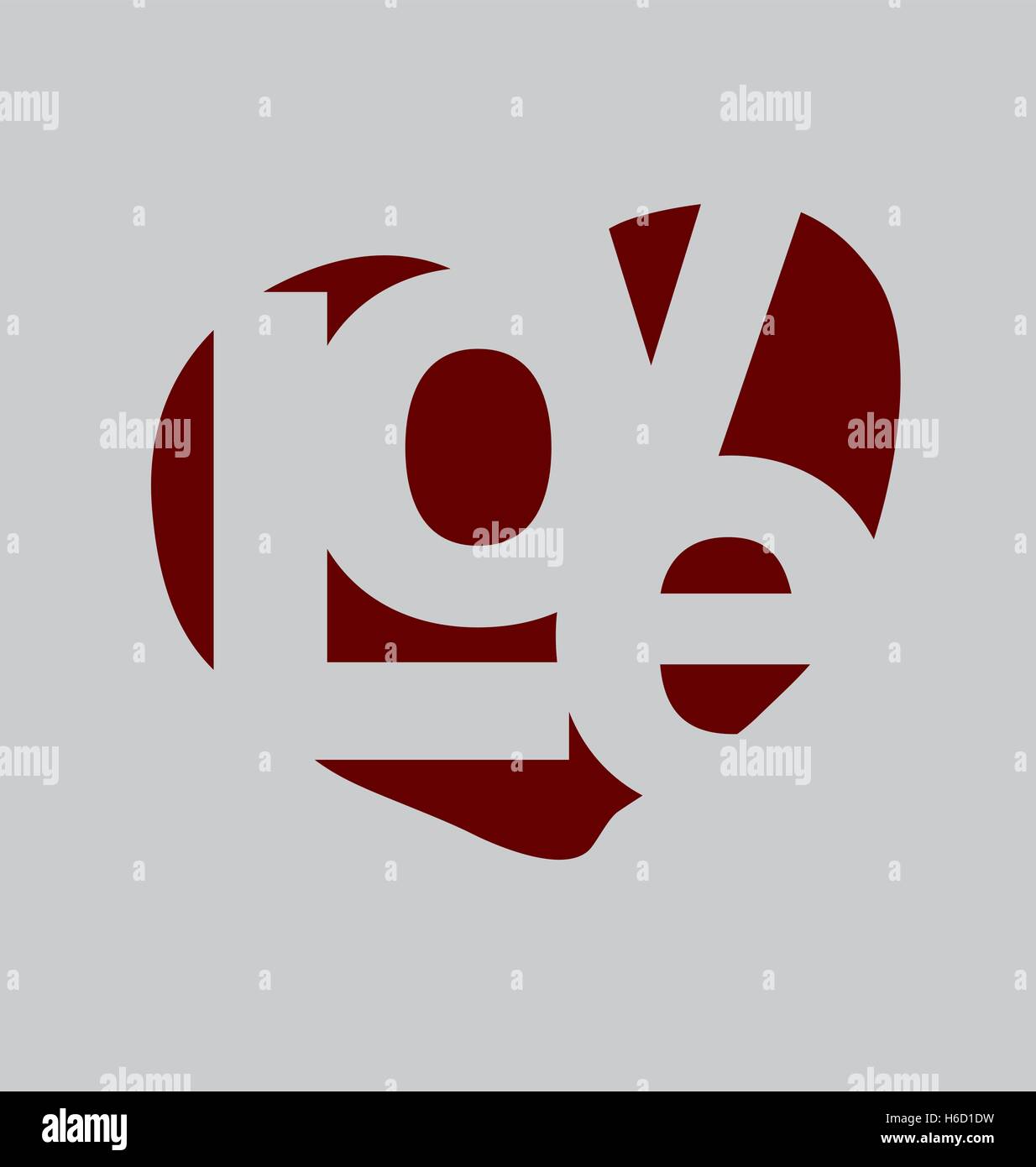 Love text. An irregular heart shape pierced by letters, on separated ...
