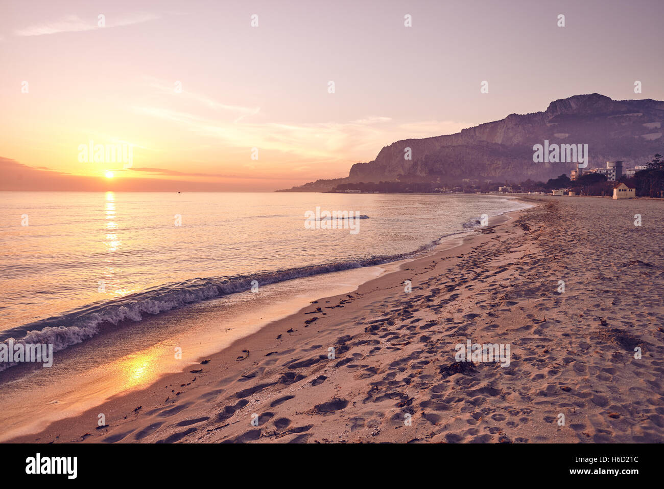 Mondello Beach at sunrise Stock Photo - Alamy