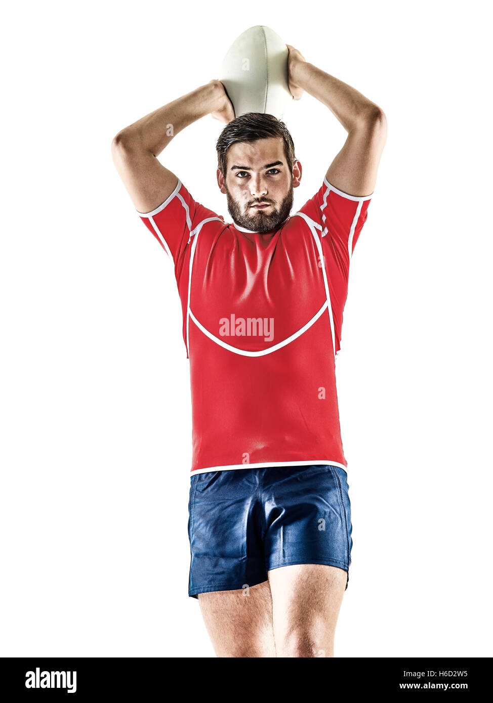 one caucasian rugby player man studio isolated on white background ...