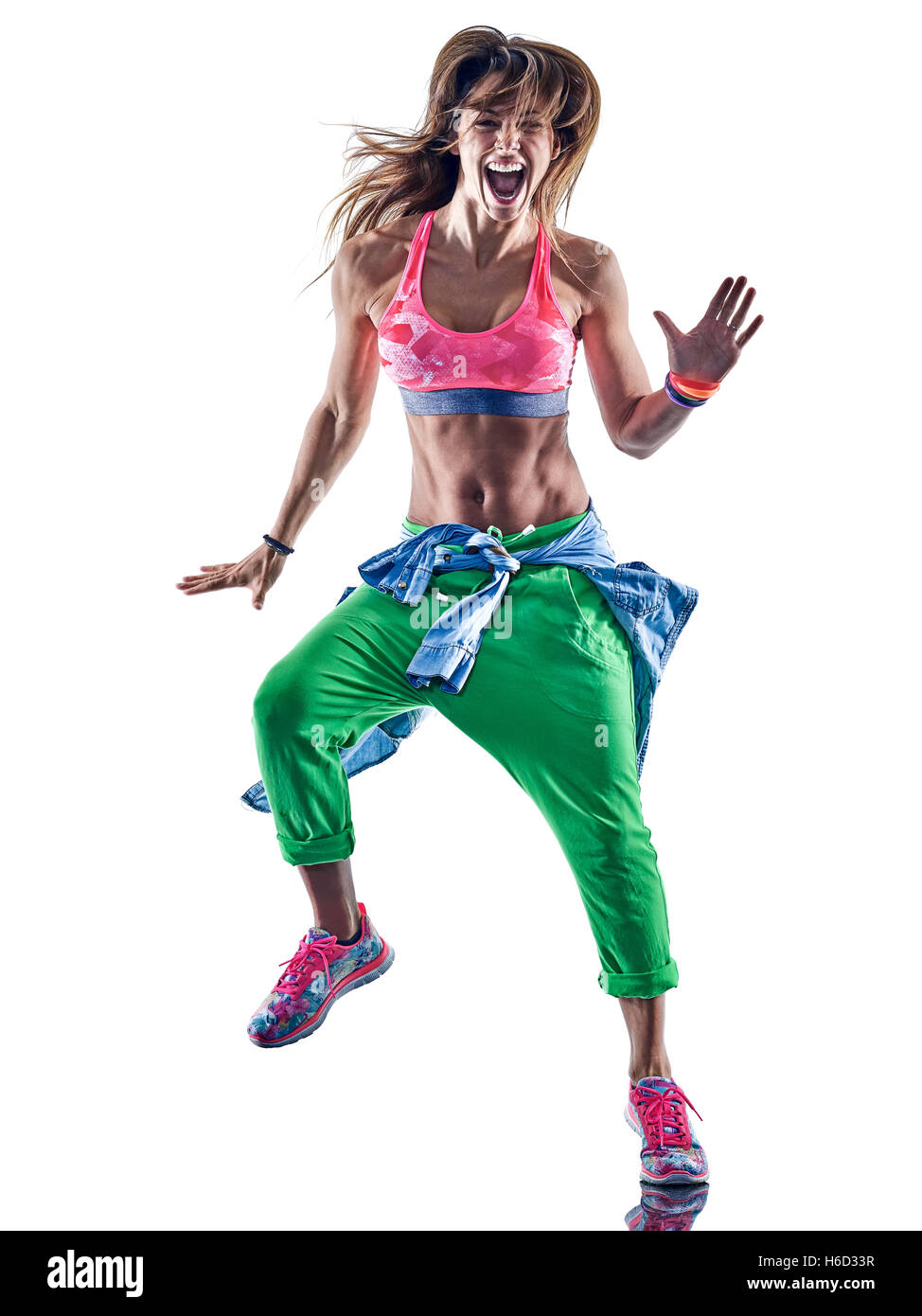 one caucasian woman zumba dancers dancing fitness exercising exercises ...