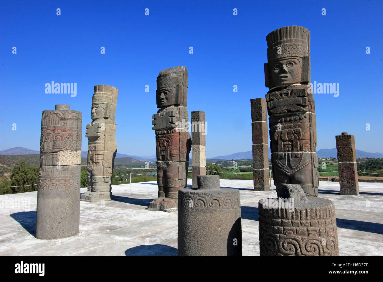 Toltec warriors columns topping the pyramid of Quetzalcoatl in Tula ...