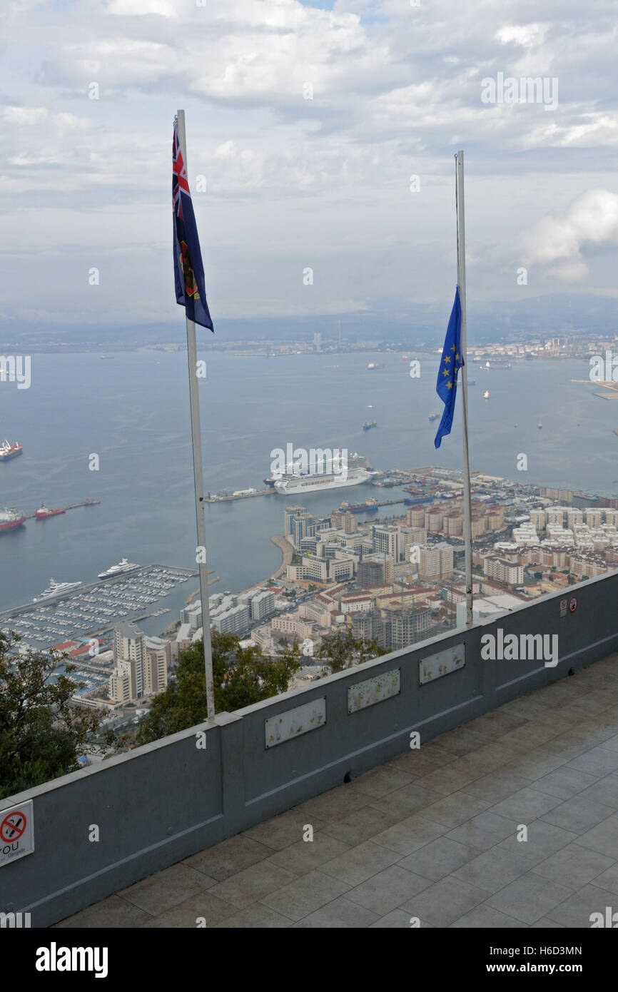 Gibraltar Upper Rock cable car station with post-Brexit EU flag flying ...