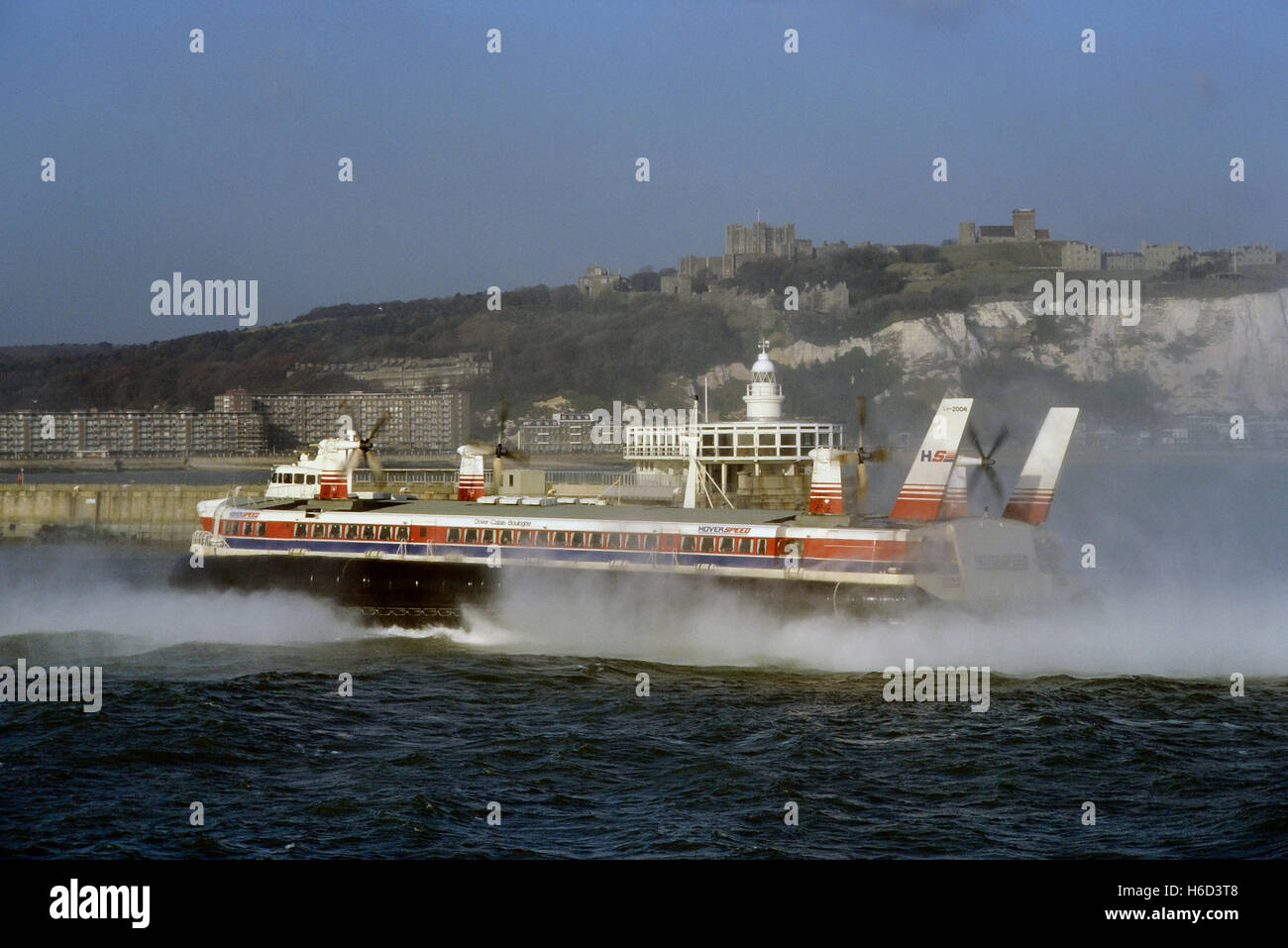 Hoverspeed hovercraft arriving at Dover harbour. Kent, England. UK ...
