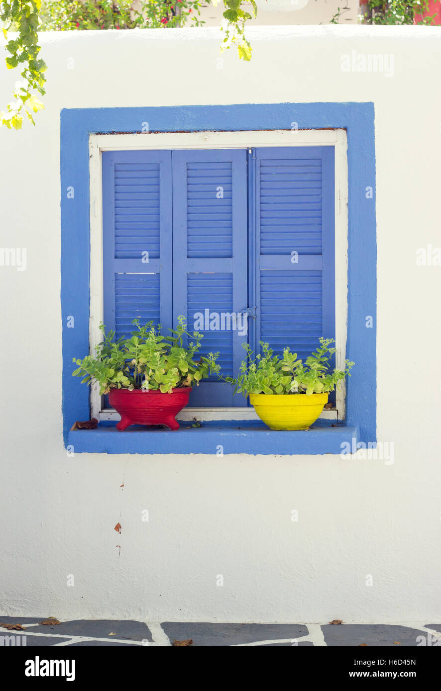 Blue window with flowerpots Stock Photo - Alamy