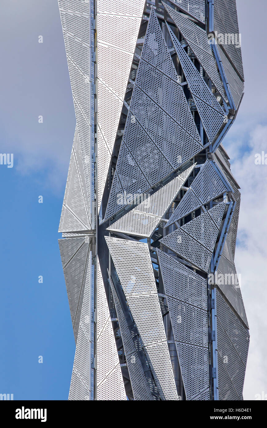 View of the sculptural chimney with faceted abstract panels. Greenwich ...