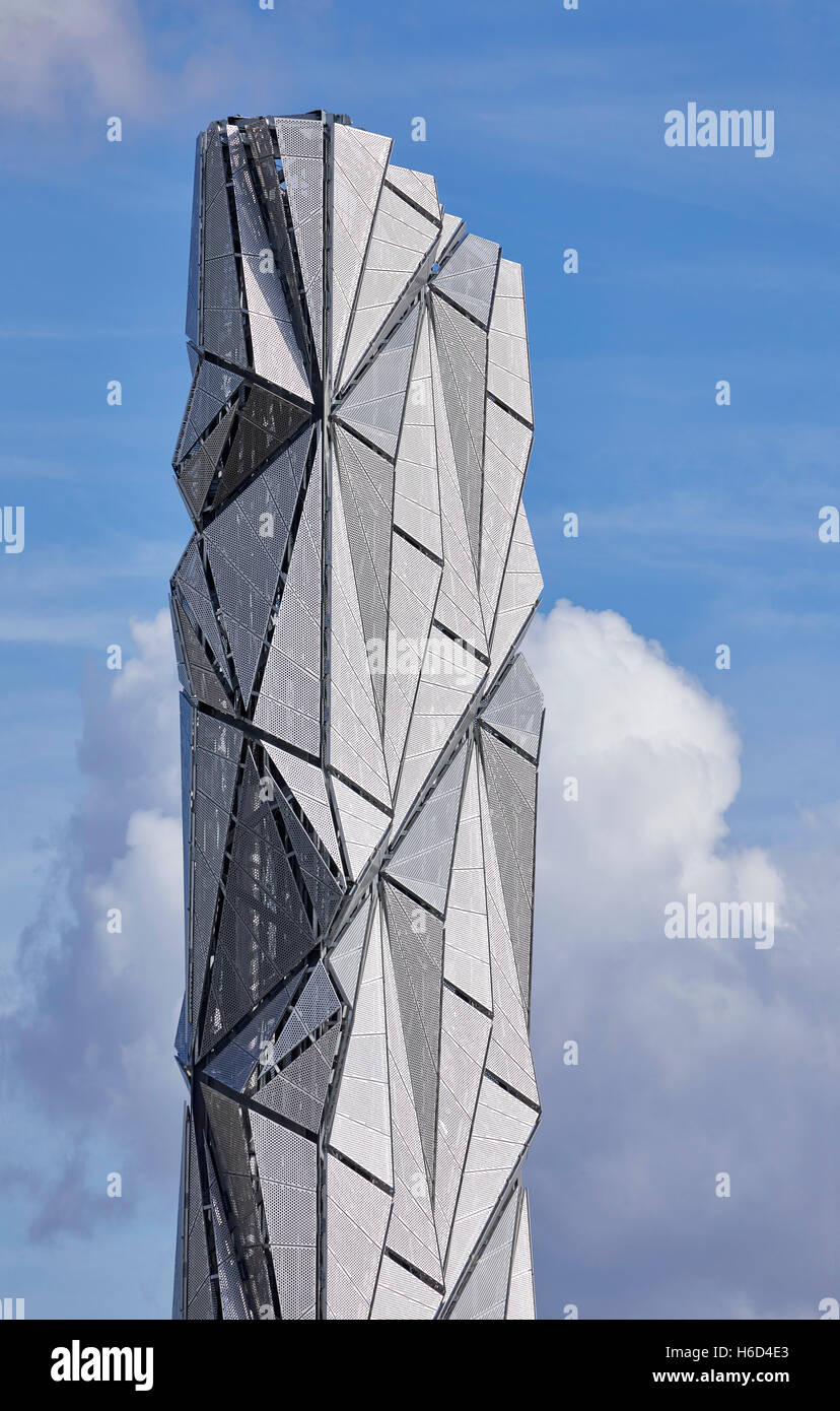On view of the sculptural chimney with faceted abstract panels ...