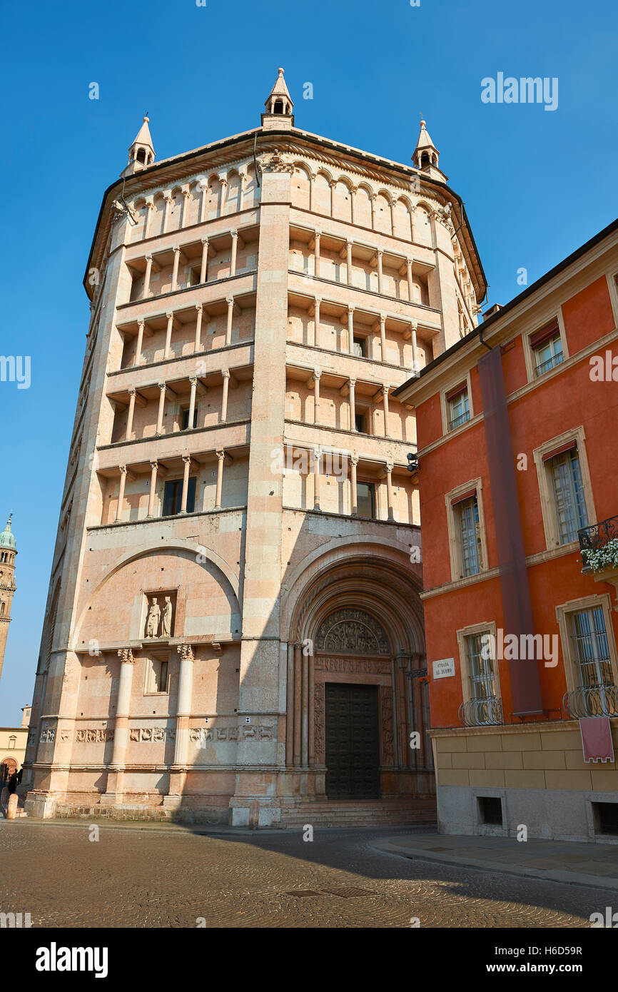 West entrance and exterior of the octagonal Romanesque Baptistery of ...