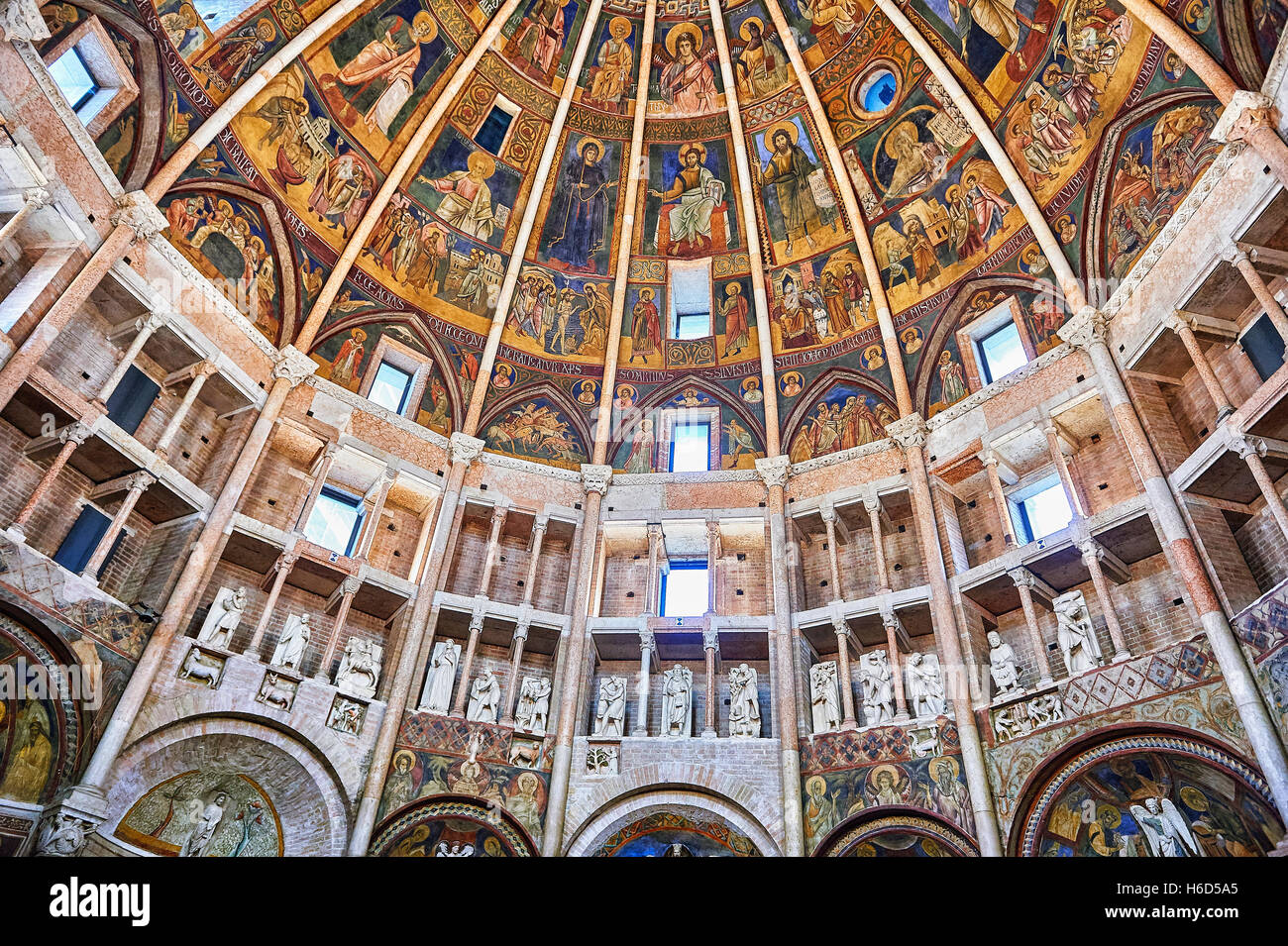 Romanesque frescoes inside the dome of the Romanesque Baptistery of ...