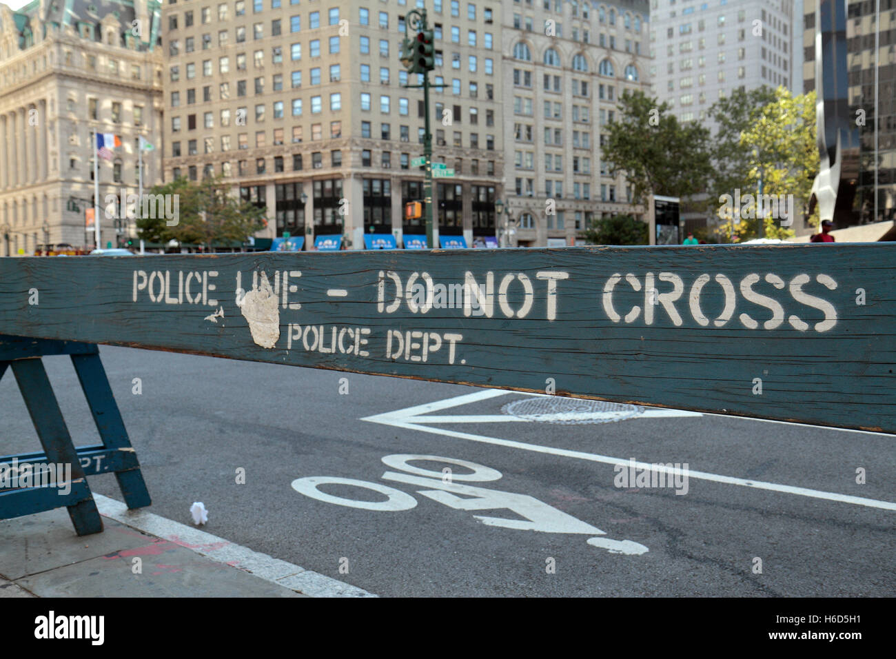 A "Police Line - Do Not Cross" barrier in Lower Manhattan, New York ...