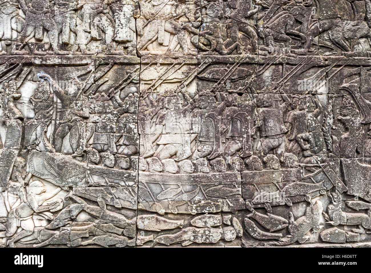 Bas-relief of naval battle, boat in water with soldiers, Bayon complex ...