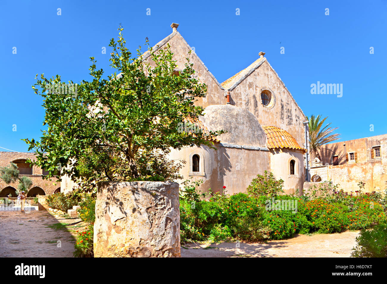 Basilica of Arkadi Monastery is surrounded by scenic garden with many ...