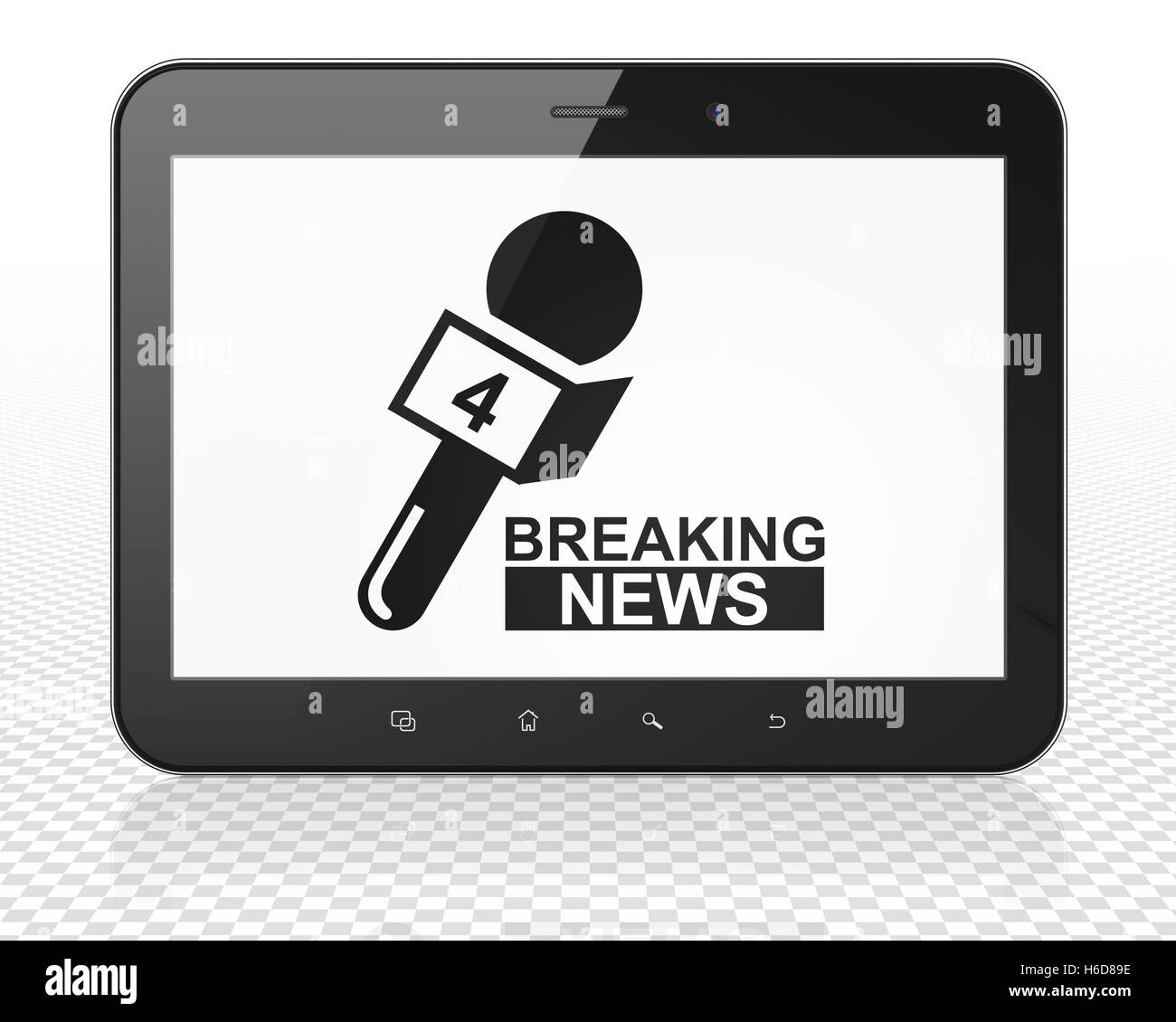 News concept: Tablet Pc Computer with Breaking News And Microphone on ...
