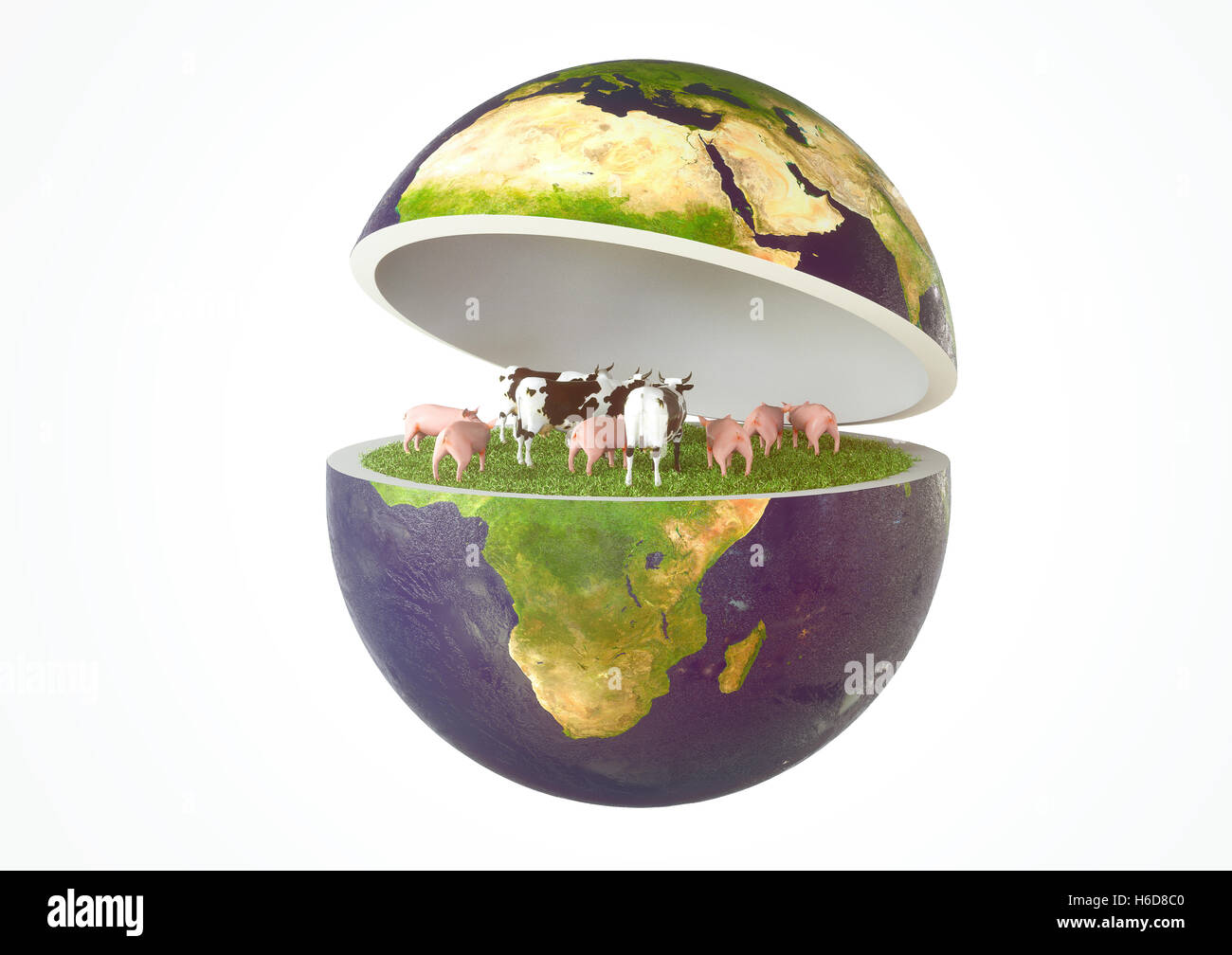 Cows and pigs in the world - 3D Rendering Stock Photo - Alamy