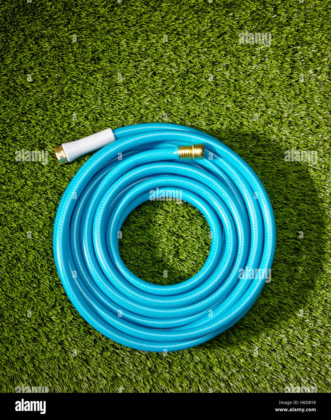 Coiled blue garden hose on turf Stock Photo - Alamy