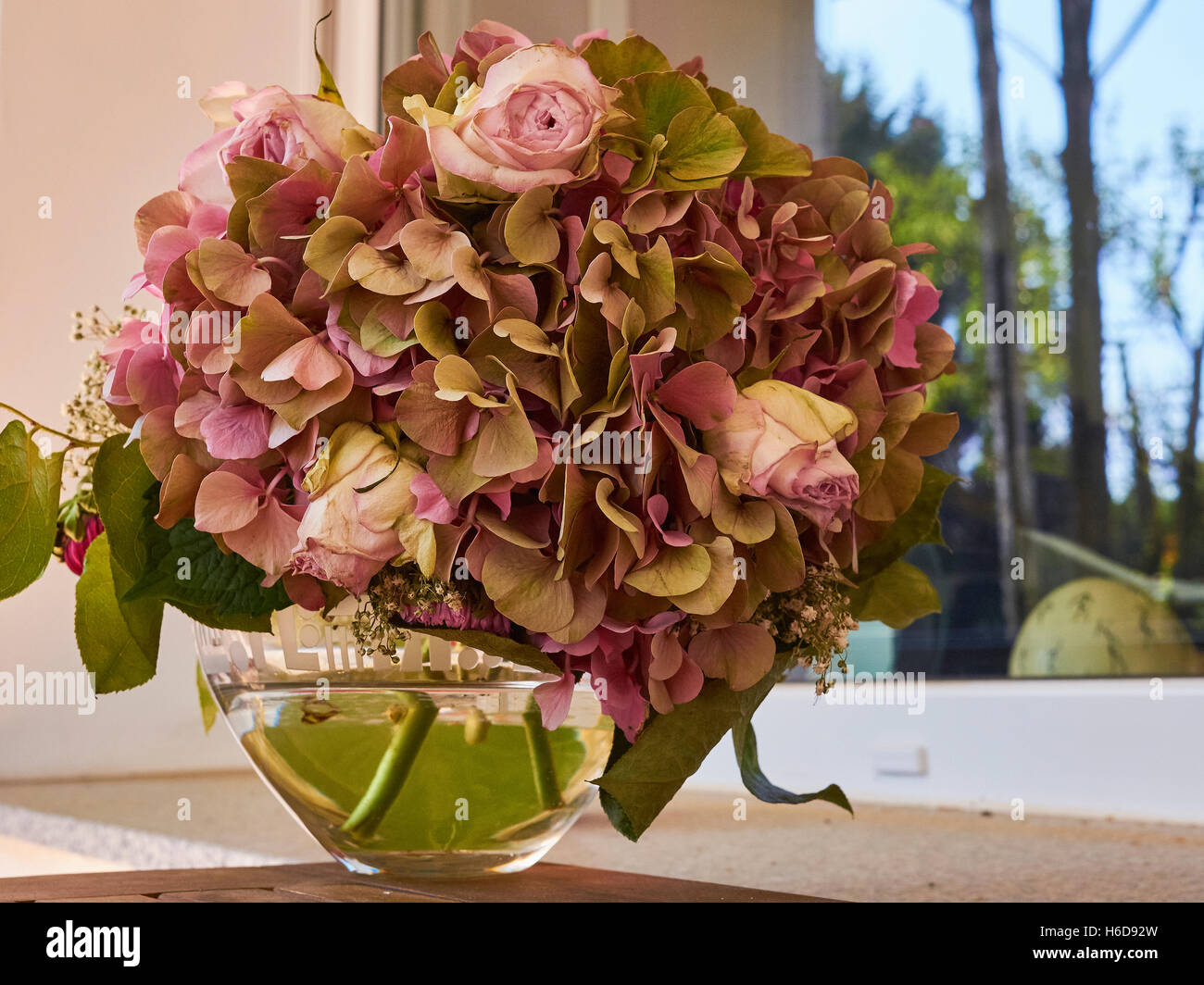 Still life with withering flowers in a vase on a table Stock Photo - Alamy