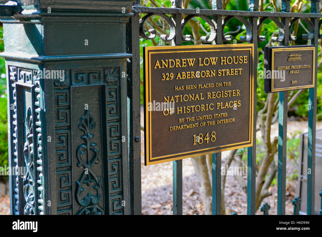 A bronze plaque on wrought iron fence at Andrew Low's 1848 House, home ...