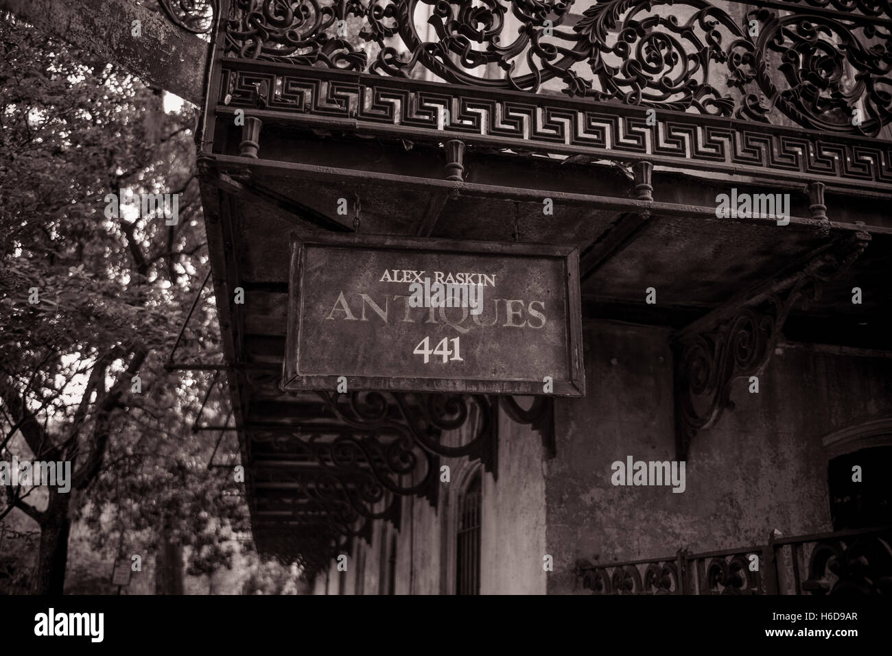 Antique ornamental wrought iron balcony of historical building houses ...